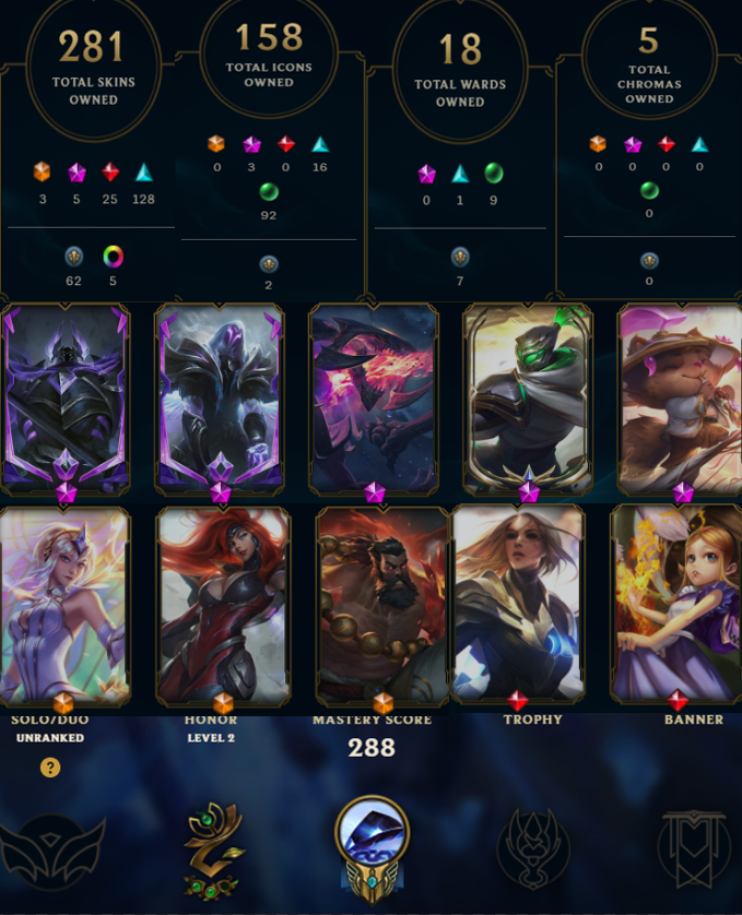 LoL | Level 200 | Region EUW | Champions: 151 | Skins: 281 | 6K+ BE ...